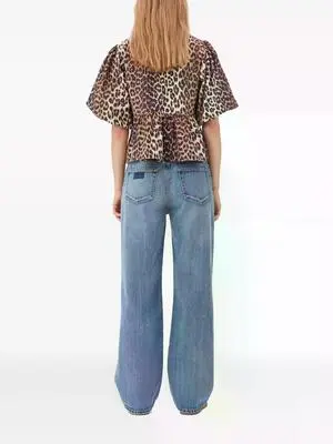 GANNI Leopard-print Organic-cotton Blouse - Brown