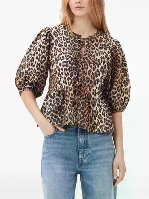 GANNI Leopard-print Organic-cotton Blouse - Brown