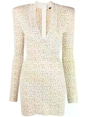 Balmain Monogram-jacquard Mini Dress - Neutrals