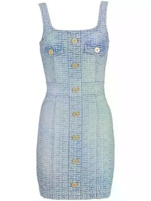 Balmain All-over Monogram Denim Dress - Blue