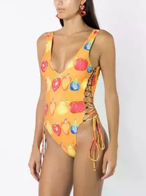 AMIR SLAMA Fruit-print Open-back Swimsuit