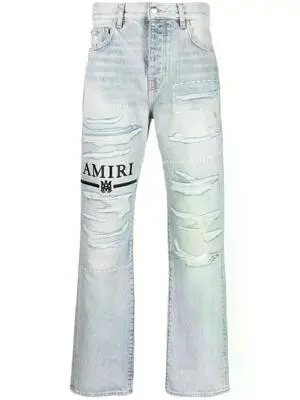 Amiri Logo-embroidered Ripped Straight-leg Jeans