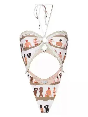 AMIR SLAMA Swimmer-print Cut-out One-piece Swimsuit - Neutrals