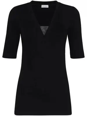 Brunello Cucinelli Ribbed Stretch Cotton V-neck T-shirt With Monili Embellishment - Black