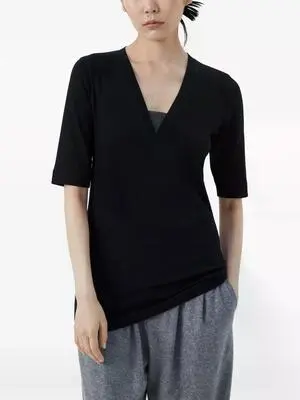Brunello Cucinelli Ribbed Stretch Cotton V-neck T-shirt With Monili Embellishment - Black