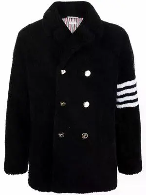 Thom Browne 4-bar Stripe Shearling Pea Coat - Blue