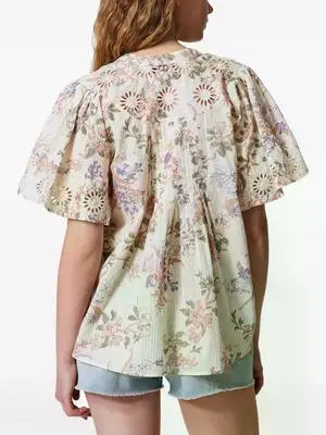 TWINSET Light Beige Floral Print Blouse With Cut-out Detailing