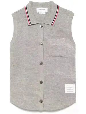 Thom Browne Sleeveless Waffle Knit Button Shirt With Rwb Stripe Detail - Grey