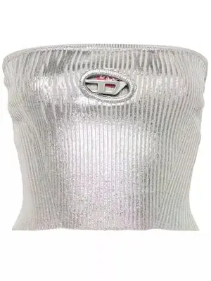 DIESEL® Ribbed Knit Strapless Cropped Top With Oval D Logo Plaque