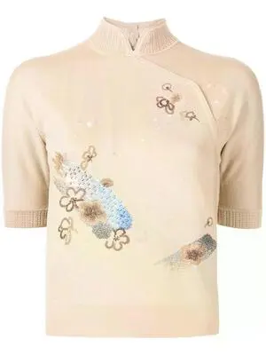 Shiatzy Chen Embroidered Band Collar Knitted Top - Brown