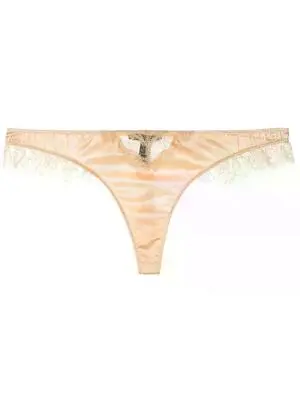 Kiki De Montparnasse Lace Inset Silk Charmeuse Thong - Neutrals