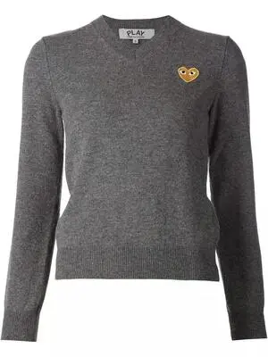 Play Comme Des Garcon Embroidered Heart V-neck Sweater - Grey
