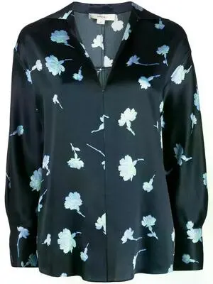 Vince Floral Print Silk Blouse - Blue