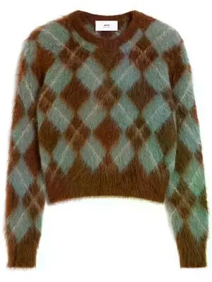 AMI Paris Argyle Wool Blend Brushed Sweater - Brown