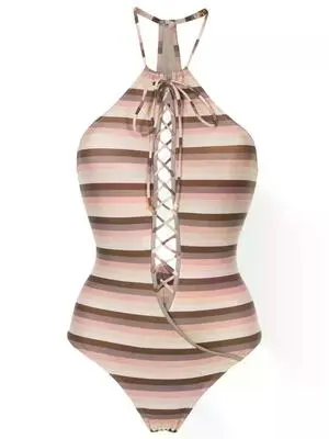 AMIR SLAMA Striped Lace-up One-piece Swimsuit - Neutrals