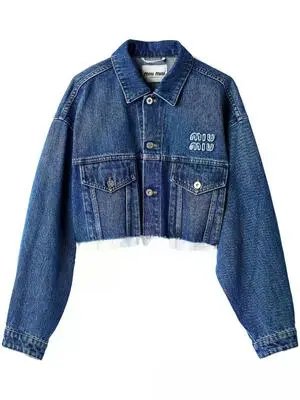 Miu Miu Cropped Denim Blouson Jacket With Embroidered Logo - Blue
