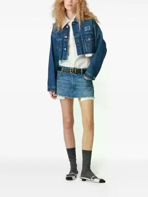 Miu Miu Cropped Denim Blouson Jacket With Embroidered Logo - Blue