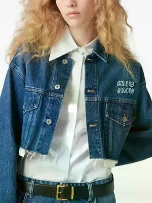 Miu Miu Cropped Denim Blouson Jacket With Embroidered Logo - Blue