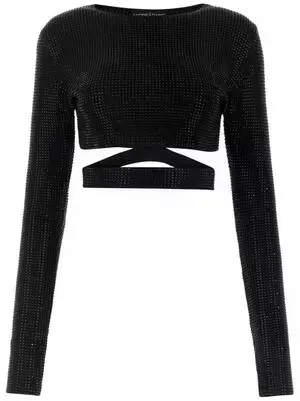ANDREĀDAMO Embellished Cut-out Crop Top - Black