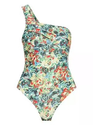 GANNI Floral-print One-shoulder Swimsuit - Blue