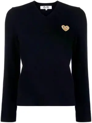 Play Comme Des Garcon Heart-patch V-neck Wool Sweater - Blue