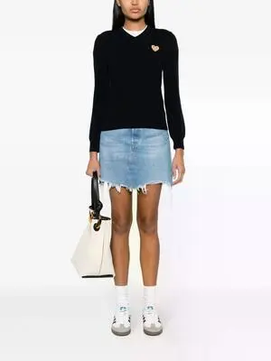 Play Comme Des Garcon Heart-patch V-neck Wool Sweater - Blue