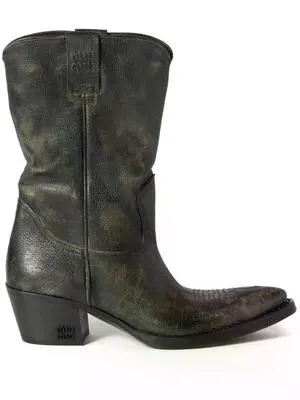 Miu Miu Leather Cuban Heel Boots - Brown
