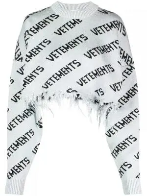 Vetements Intarsia Knit Jumper With Frayed Hem - Silver