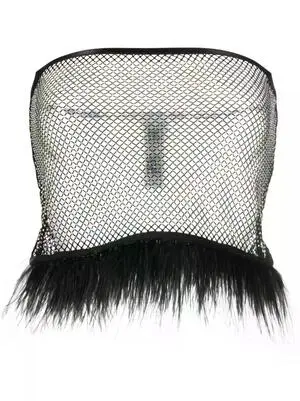 Patrizia Pepe Feather-trim Rhinestone Mesh Top - Black