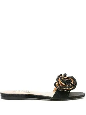 ARTEANA Floral Appliqué Leather Slides - Black