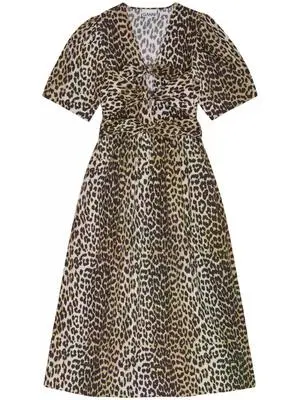 GANNI Leopard-print Organic Cotton V-neck Midi Dress With Tie Detail - Brown