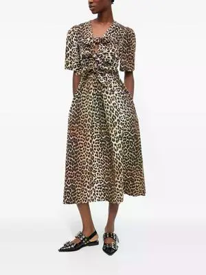 GANNI Leopard-print Organic Cotton V-neck Midi Dress With Tie Detail - Brown