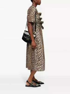GANNI Leopard-print Organic Cotton V-neck Midi Dress With Tie Detail - Brown
