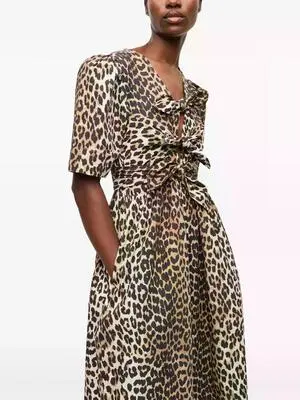GANNI Leopard-print Organic Cotton V-neck Midi Dress With Tie Detail - Brown