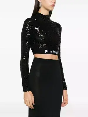 Palm Angels Sequined Mock Neck Cropped Top