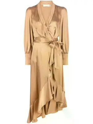 Zimmermann Long-sleeve Wrap Silk Midi Dress