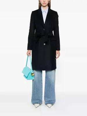 TWINSET Navy Wool Blend Logo Plaque Coat