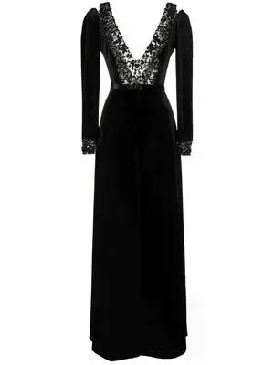 SAIID KOBEISY Beaded Velvet Wide-leg Jumpsuit - Black