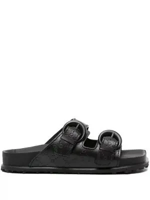MARINE SERRE Embossed Moonogram Leather Slides - Black
