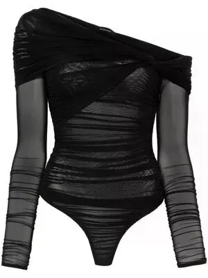 MUGLER Off-shoulder Ruched Bodysuit - Black