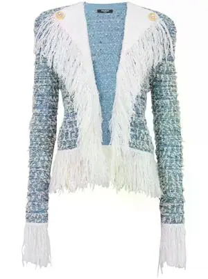 Balmain Fringed Denim Tweed Jacket - Blue