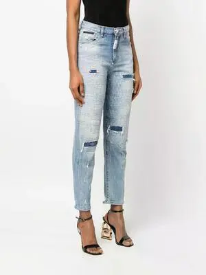 Philipp Plein Distressed High-waisted Cropped Mom Jeans