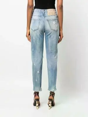 Philipp Plein Distressed High-waisted Cropped Mom Jeans