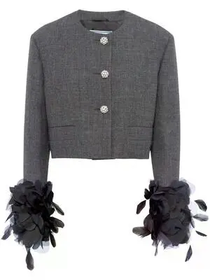 Prada Feather-trim Single-breasted Wool Jacket - Grey