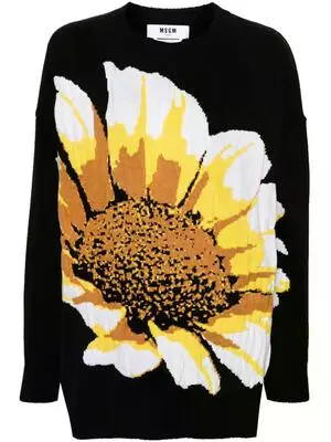 MSGM Floral-intarsia-knit Jumper - Black