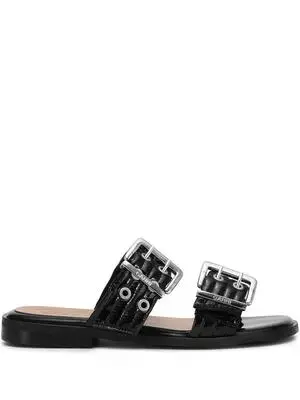GANNI Buckle Flat Leather Sandals - Black