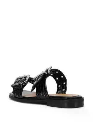 GANNI Buckle Flat Leather Sandals - Black