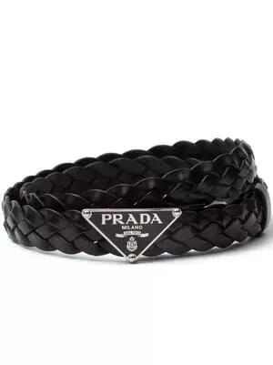 Prada Braided Leather Belt With Enamel Triangle Logo - Blue