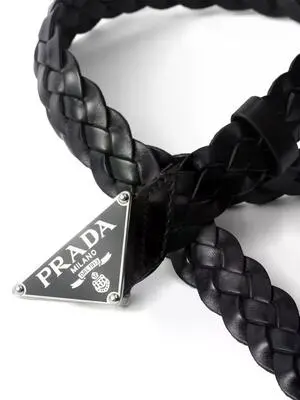 Prada Braided Leather Belt With Enamel Triangle Logo