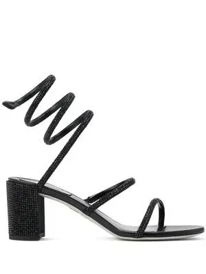 Rene Caovilla Satin Rhinestone Embellished High Block Heel Sandals